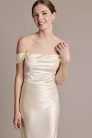 China Sexy Sheath Ruffles Custom-made Size Zipper Pleated Off-the-shoulder White Satin Midi Wedding Dress for sale