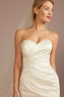 China Fashionable Sweetheart Neckline Ruffles Sheath Mermaid Zipper Sweep Train Ruched Removable Overskirt Ivory Wedding Dress for sale