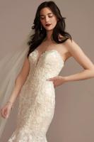China Exquisite Strapless Lace Applique Plunging Sweetheart Neckline Chapel Train Zipper Sheath Mermaid Ivory Tulle Wedding Dr for sale