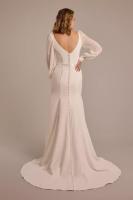 China Modern Long Sleeve V-neck Mermaid Sweep Train Custom-made Size Zipper Sheath Ivory Satin Wedding Dress for sale