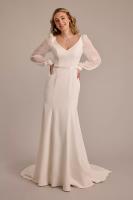 China Modern Long Sleeve V-neck Mermaid Sweep Train Custom-made Size Zipper Sheath Ivory Satin Wedding Dress for sale