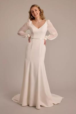 China Modern Long Sleeve V-neck Mermaid Sweep Train Custom-made Size Zipper Sheath Ivory Satin Wedding Dress for sale