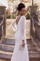 China Modern Long Sleeve V-neck Mermaid Sweep Train Custom-made Size Zipper Sheath Ivory Satin Wedding Dress for sale