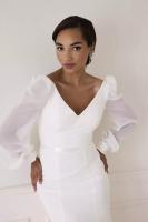 China Modern Long Sleeve V-neck Mermaid Sweep Train Custom-made Size Zipper Sheath Ivory Satin Wedding Dress for sale