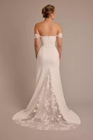 China Classic Plunge Mermaid Swag Sleeves Split Slit Appliques Sheath Sweep Train Zipper White Stretch Satin Wedding Dress for sale