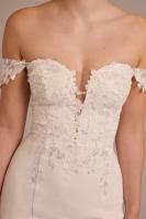 China Classic Plunge Mermaid Swag Sleeves Split Slit Appliques Sheath Sweep Train Zipper White Stretch Satin Wedding Dress for sale