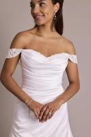 China Modern Beaded Ruffles Sweetheart A-line Lace-up Sweep Train Removable Cap Sleeve White Satin Wedding Dress for sale