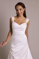 China Modern Beaded Ruffles Sweetheart A-line Lace-up Sweep Train Removable Cap Sleeve White Satin Wedding Dress for sale
