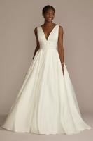 China Traditional Plunging V-neckline Low Back Wide-set Straps Pleated Beaded Sweep Train Ivory Satin Ball Gown Wedding Dress for sale
