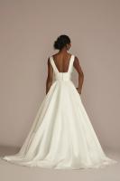 China Traditional Plunging V-neckline Low Back Wide-set Straps Pleated Beaded Sweep Train Ivory Satin Ball Gown Wedding Dress for sale
