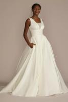 China Traditional Plunging V-neckline Low Back Wide-set Straps Pleated Beaded Sweep Train Ivory Satin Ball Gown Wedding Dress for sale