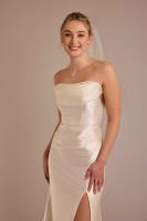 China Strapless Sheath Mermaid Hand-pleated Sweep Train Zipper Removable Off-the-shoulder Split Slit Ivory Satin Wedding Dress for sale