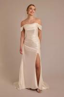 China Strapless Sheath Mermaid Hand-pleated Sweep Train Zipper Removable Off-the-shoulder Split Slit Ivory Satin Wedding Dress for sale
