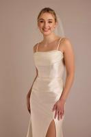 China Strapless Sheath Mermaid Hand-pleated Sweep Train Zipper Removable Off-the-shoulder Split Slit Ivory Satin Wedding Dress for sale