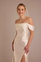 China Strapless Sheath Mermaid Hand-pleated Sweep Train Zipper Removable Off-the-shoulder Split Slit Ivory Satin Wedding Dress for sale