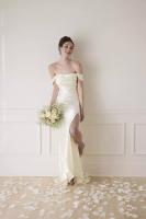 China Strapless Sheath Mermaid Hand-pleated Sweep Train Zipper Removable Off-the-shoulder Split Slit Ivory Satin Wedding Dress for sale