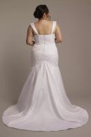 China Beautiful Beaded Appliques Strapless Sheath Mermaid Chapel Train Removable Cap Sleeve Zipper White Satin Wedding Dress for sale