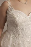 China Plus Size V-neck Beaded Empire Spaghetti Strap Applique Lace-up Chapel Train Ivory Tulle Tank Ball Gown Wedding Dress for sale