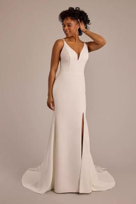 China Sexy Mermaid Appliques Sweep Train Zipper Split Slit Sheath Spaghetti Strap Ivory Stretch Satin Wedding Dress for sale