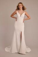 China Sexy Mermaid Appliques Sweep Train Zipper Split Slit Sheath Spaghetti Strap Ivory Stretch Satin Wedding Dress for sale