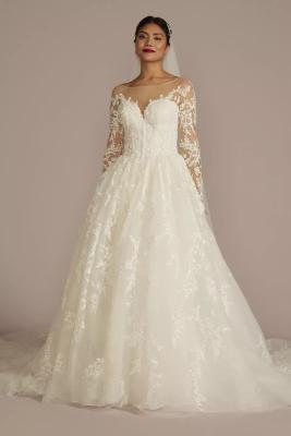 China Romantic Appliqued Illusion Long Sleeve Round Neckline A-line Cathedral Train Ivory Lace Wedding Dress for sale