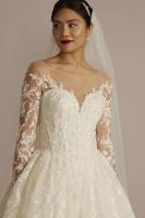 China Romantic Appliqued Illusion Long Sleeve Round Neckline A-line Cathedral Train Ivory Lace Wedding Dress for sale