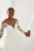 China Romantic Appliqued Illusion Long Sleeve Round Neckline A-line Cathedral Train Ivory Lace Wedding Dress for sale