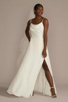 China Modern Split Slit Ruffles Cowl Neck Scoop Back A-line Back Zipper Spaghetti Strap Plus Size White Satin Wedding Dress for sale
