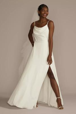 China Modern Split Slit Ruffles Cowl Neck Scoop Back A-line Back Zipper Spaghetti Strap Plus Size White Satin Wedding Dress for sale