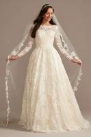 China Stunning Beaded Scalloped Lace Appliqued Ruffles A-line Chapel Train Zipper Long Sleeve Ivory Tulle Wedding Dress for sale