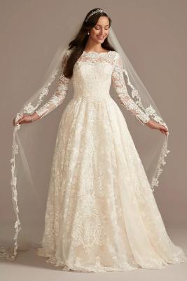 China Stunning Beaded Scalloped Lace Appliqued Ruffles A-line Chapel Train Zipper Long Sleeve Ivory Tulle Wedding Dress for sale