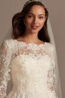 China Stunning Beaded Scalloped Lace Appliqued Ruffles A-line Chapel Train Zipper Long Sleeve Ivory Tulle Wedding Dress for sale