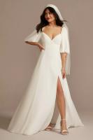 China Perfect Bubble Sleeve Ruffles Empire V-neck Low Back Zipper Sweep Train White Georgette Wedding Dress for sale