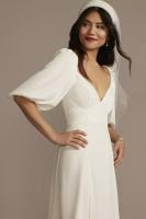 China Perfect Bubble Sleeve Ruffles Empire V-neck Low Back Zipper Sweep Train White Georgette Wedding Dress for sale