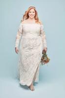 China Ultra-romantic Long Sleeve Off-the-shoulder Neckline Thigh-high Slit Sheath Sweep Train Zipper White Lace Wedding Dress for sale