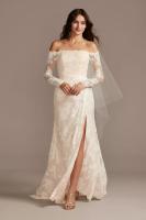 China Ultra-romantic Long Sleeve Off-the-shoulder Neckline Thigh-high Slit Sheath Sweep Train Zipper White Lace Wedding Dress for sale