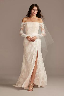 China Ultra-romantic Long Sleeve Off-the-shoulder Neckline Thigh-high Slit Sheath Sweep Train Zipper White Lace Wedding Dress for sale