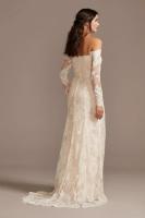 China Ultra-romantic Long Sleeve Off-the-shoulder Neckline Thigh-high Slit Sheath Sweep Train Zipper White Lace Wedding Dress for sale