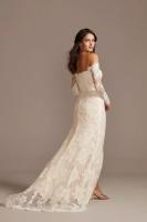 China Ultra-romantic Long Sleeve Off-the-shoulder Neckline Thigh-high Slit Sheath Sweep Train Zipper White Lace Wedding Dress for sale