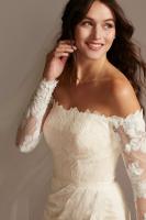 China Ultra-romantic Long Sleeve Off-the-shoulder Neckline Thigh-high Slit Sheath Sweep Train Zipper White Lace Wedding Dress for sale