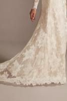 China Ultra-romantic Long Sleeve Off-the-shoulder Neckline Thigh-high Slit Sheath Sweep Train Zipper White Lace Wedding Dress for sale