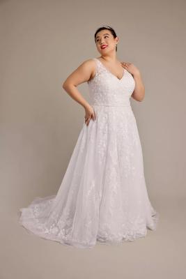 China Stunning Sequins And Beads Allover Beaded Tank Straps A-line Chapel Train Plus Size V-neck White Lace Wedding Dress for sale