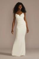 China Modern Custom-made Size Ruched V-neck Spaghetti Strap Sheath Zipper Mermaid White Satin Wedding Dress for sale