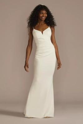 China Modern Custom-made Size Ruched V-neck Spaghetti Strap Sheath Zipper Mermaid White Satin Wedding Dress for sale