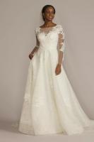 China Stunning A-line Round Neckline Long Sleeve Appliques Lace Sweep Train Zipper Church Illusion White Organza Wedding Dress for sale