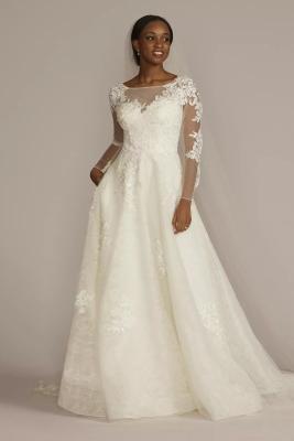 China Stunning A-line Round Neckline Long Sleeve Appliques Lace Sweep Train Zipper Church Illusion White Organza Wedding Dress for sale