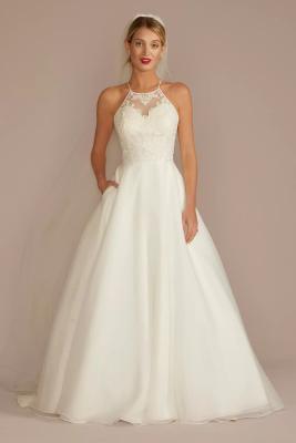 China Embellished Sparkle Illusion Keyhole Back Sweep Train Back Zipper Embellished Halter Neck A-line White Organza Wedding D for sale