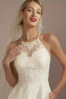 China Embellished Sparkle Illusion Keyhole Back Sweep Train Back Zipper Embellished Halter Neck A-line White Organza Wedding D for sale