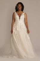 China Stunning Zipper Illusion Plunge V-neck Spaghetti Strap Appliqued Lace Ball Gown White Tulle Wedding Dress for sale