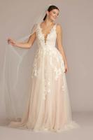 China Stunning Zipper Illusion Plunge V-neck Spaghetti Strap Appliqued Lace Ball Gown White Tulle Wedding Dress for sale